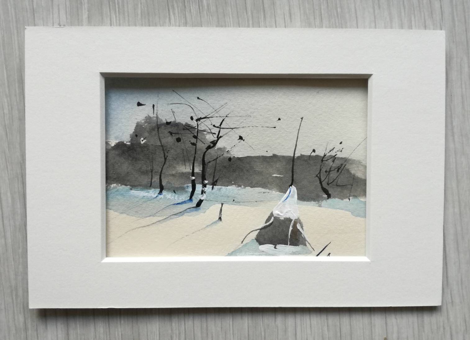 Winter Miniature, Watercolor Landscape With Border, Small Art, Painting ...