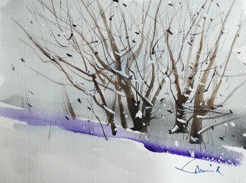 Trees in Winter, Landscape Watercolor Painting, Unframed Artwork ...