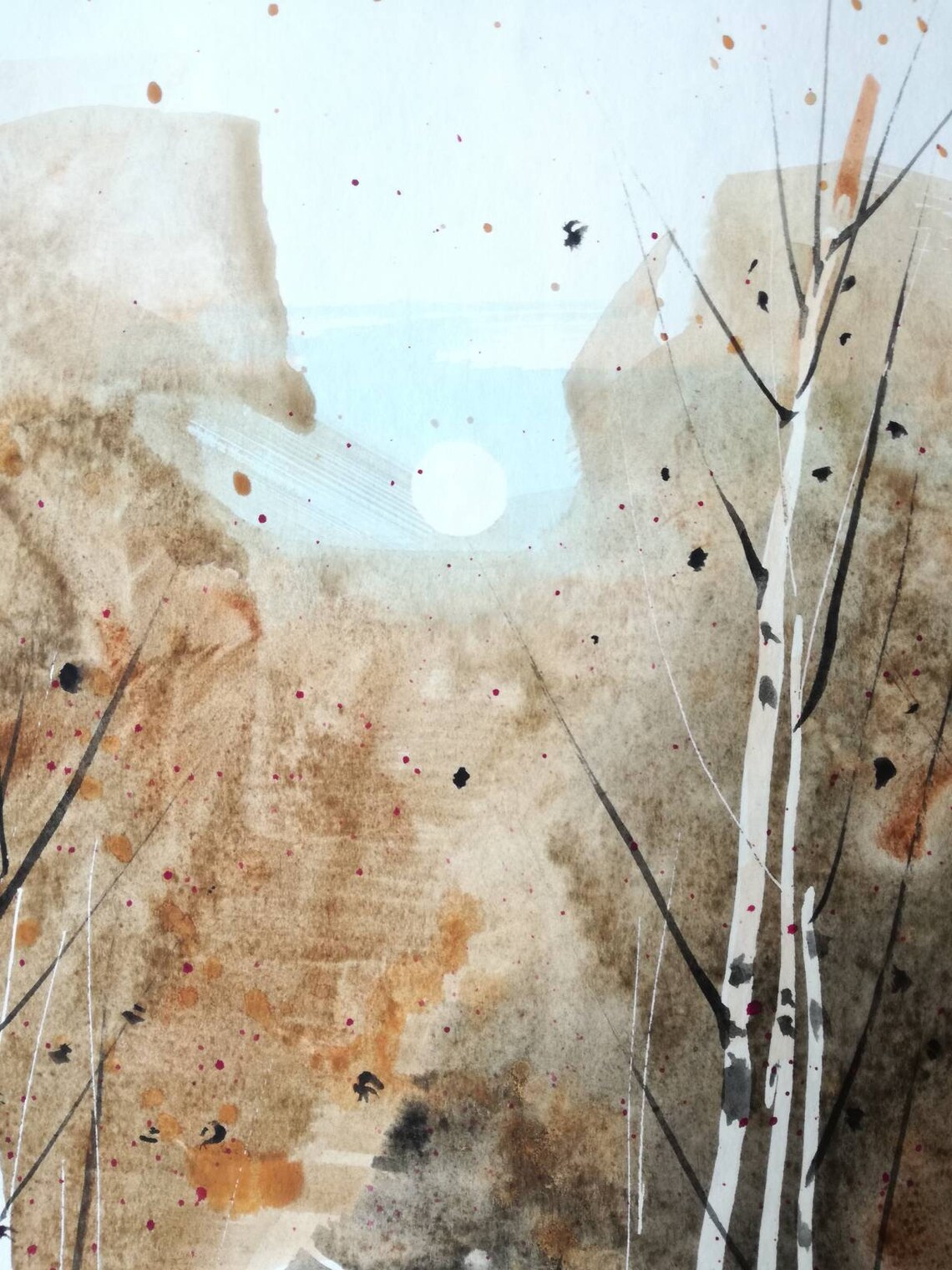 Brown Landscape, Watercolor Painting, Autumn Nature Scene, Birch Trees ...