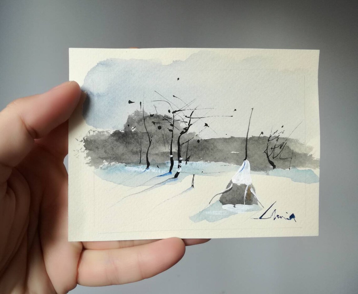 Winter Miniature, Watercolor Landscape With Border, Small Art, Painting ...