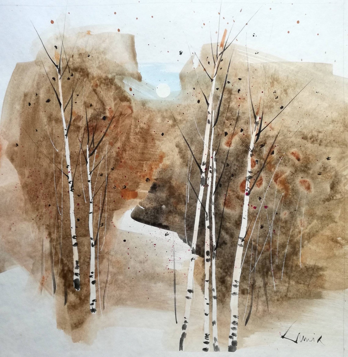Brown Landscape, Watercolor Painting, Autumn Nature Scene, Birch Trees ...