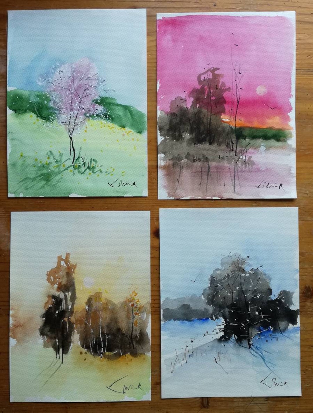 Four Seasons Paintings, Watercolor Original Art Pieces, Spring Summer ...