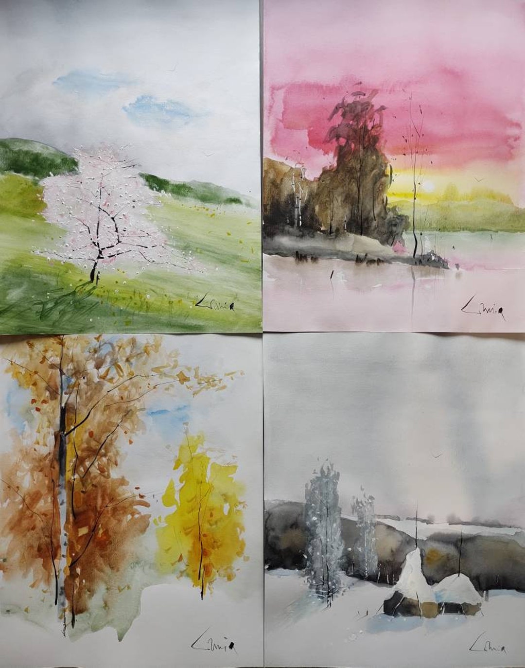 Four Seasons Paintings Set, Spring Summer Autumn Winter Landscape Art ...