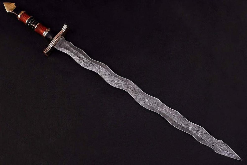 Custom handmade Damascus steel zigzag-guard sword with leather | Etsy