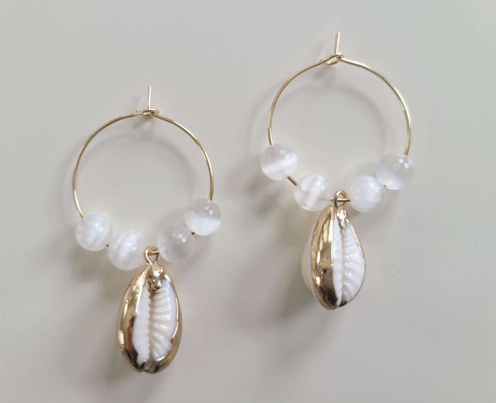 Cowrie Shell Hoop Earrings Selenite Beaded Hoops Summer - Etsy