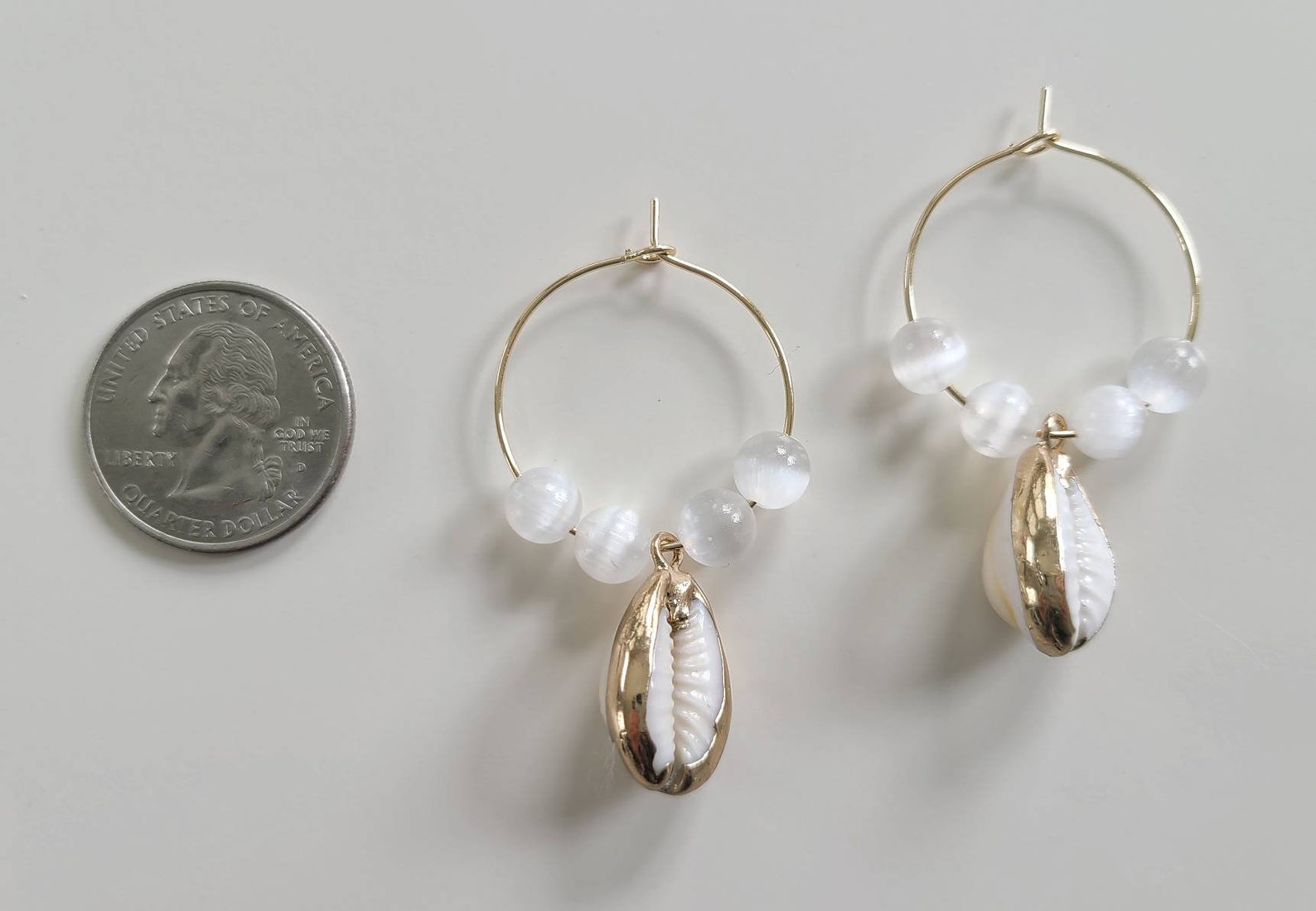 Cowrie Shell Hoop Earrings Selenite Beaded Hoops Summer - Etsy