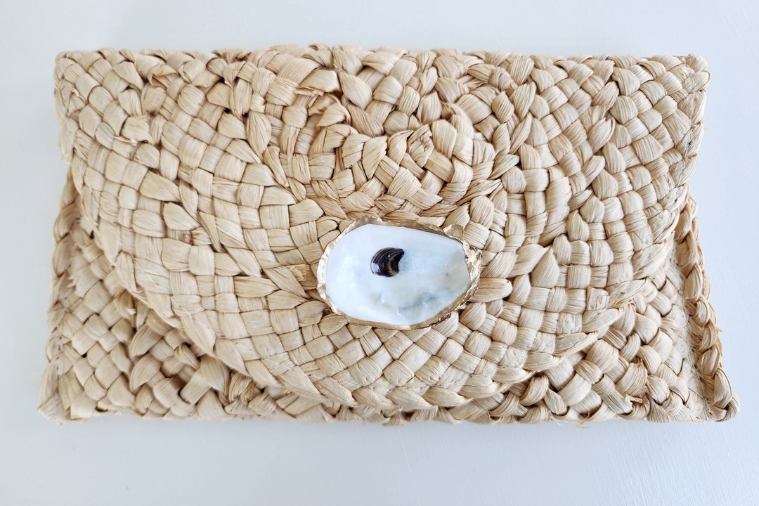 Woven Straw Clutch Bag, Nautical Oyster Palm Clutch, Beach Wedding ...