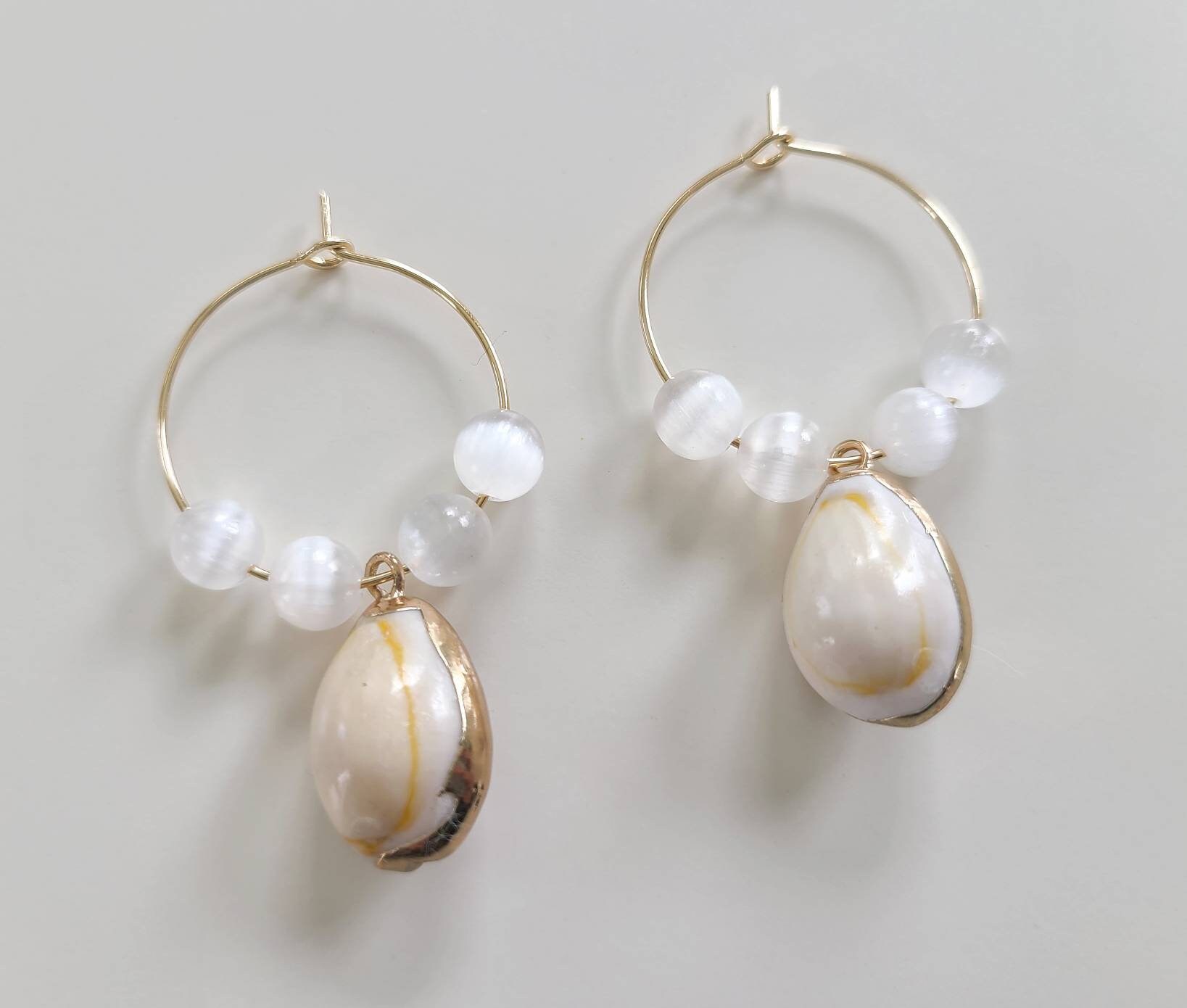 Cowrie Shell Hoop Earrings Selenite Beaded Hoops Summer - Etsy