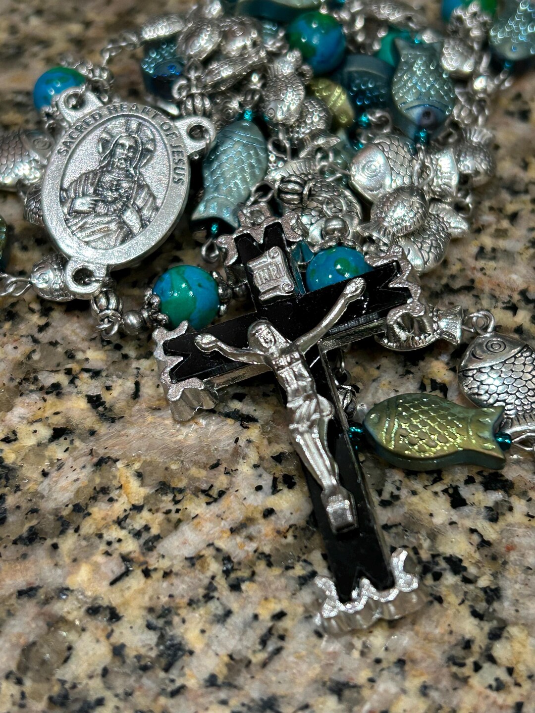 Fisher of Men Rosary: Sacred Heart, Chrysocolla & Metal Fish Beads - Etsy