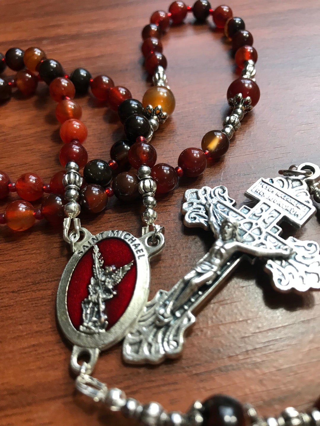 Red Saint Michael the Archangel Wire Rosary Natural Agate - Etsy