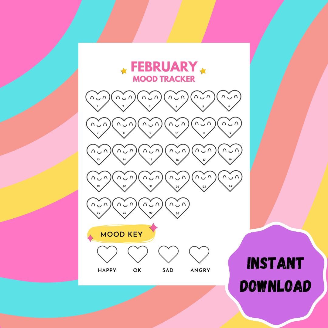 February Mood Tracker, Printable Tracker, Feelings Chart, Daily Mood ...