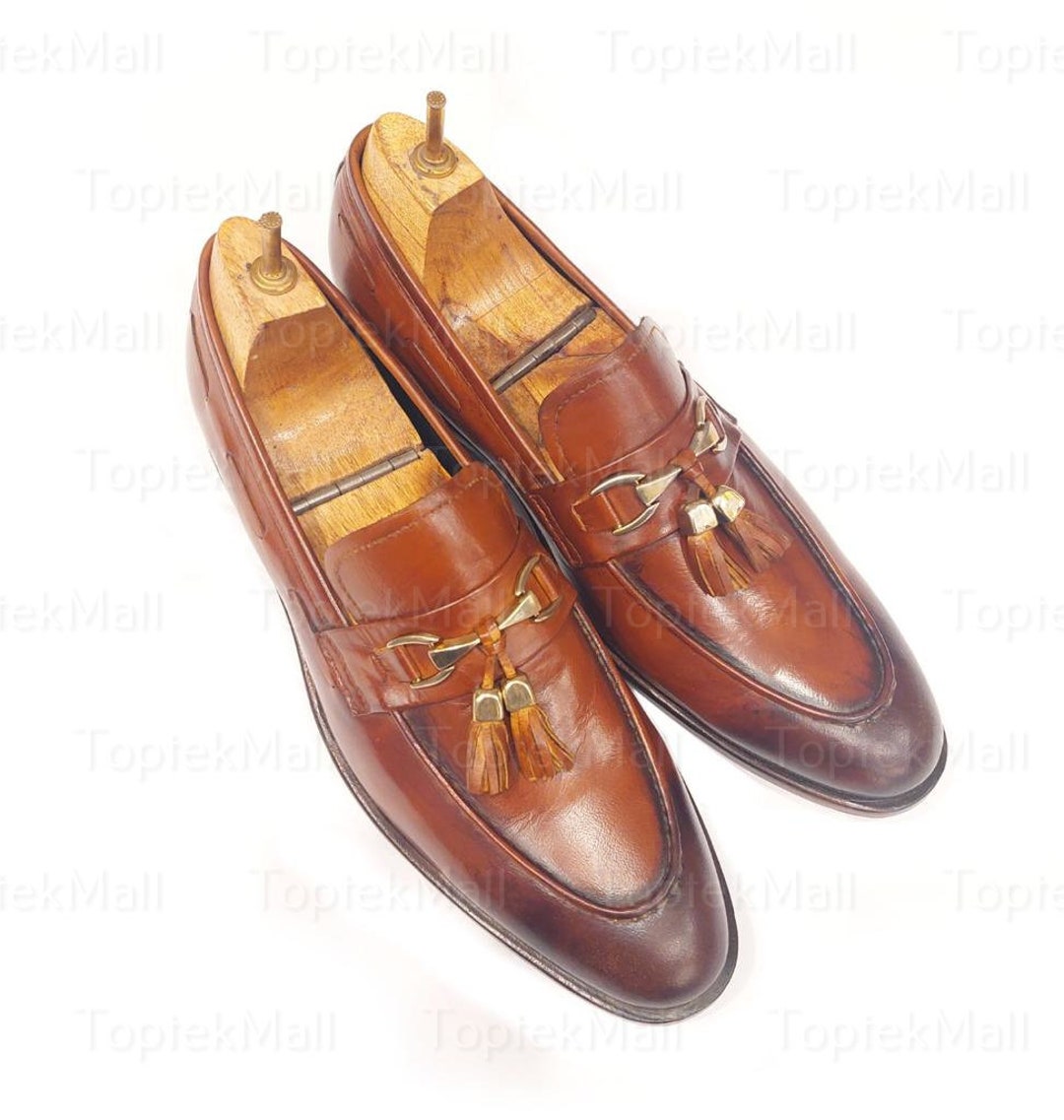 Handmade Men's Leather Tussled Dark Brown Loafers Slip Ons Dress Formal ...