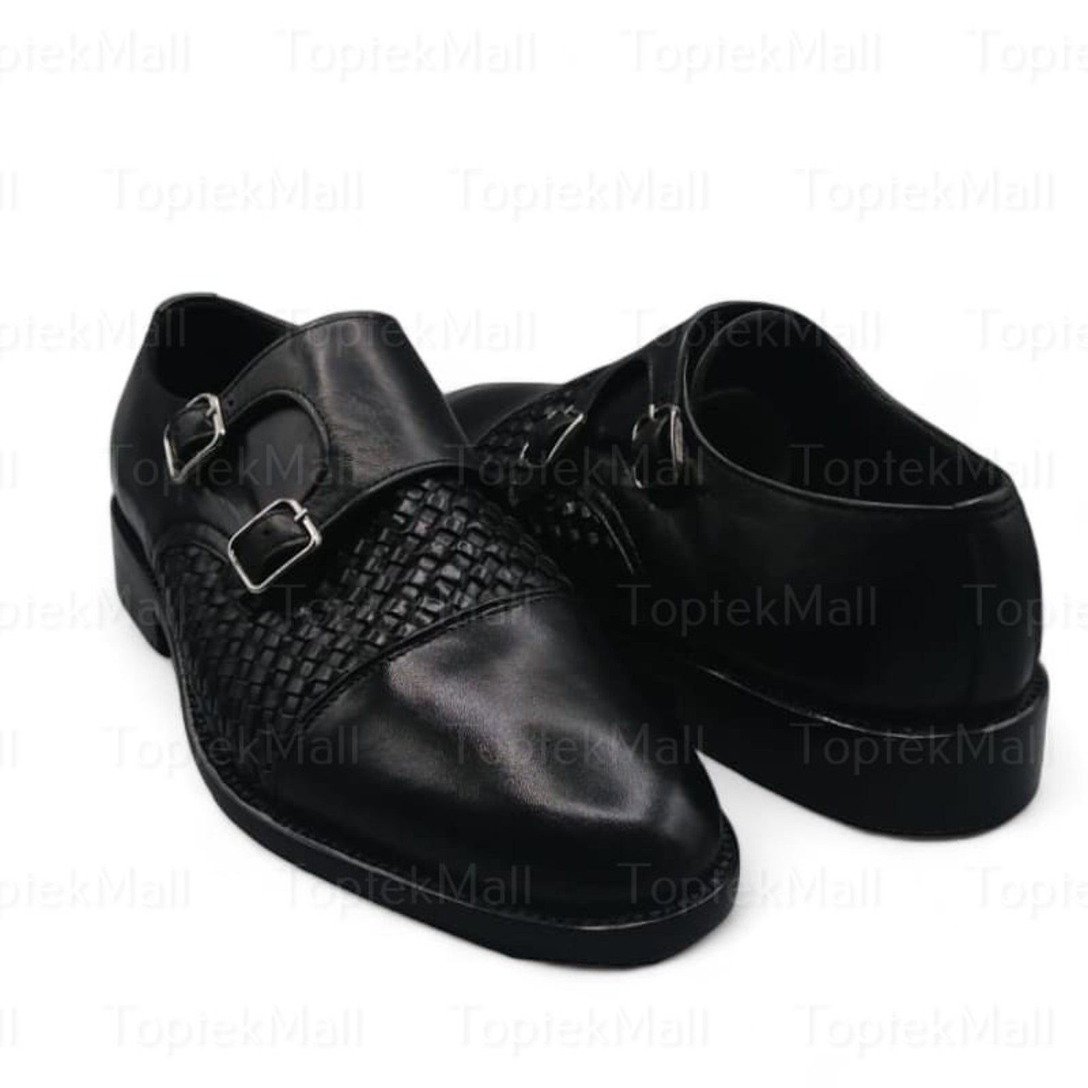 Handmade Men's Leather Black Monk Style Trendy Dress Formal Double ...