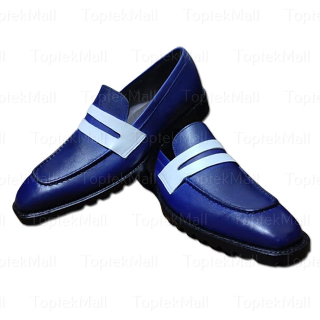 Handmade Men's Leather Blue and White Dress Stylish Formal Loafers With ...