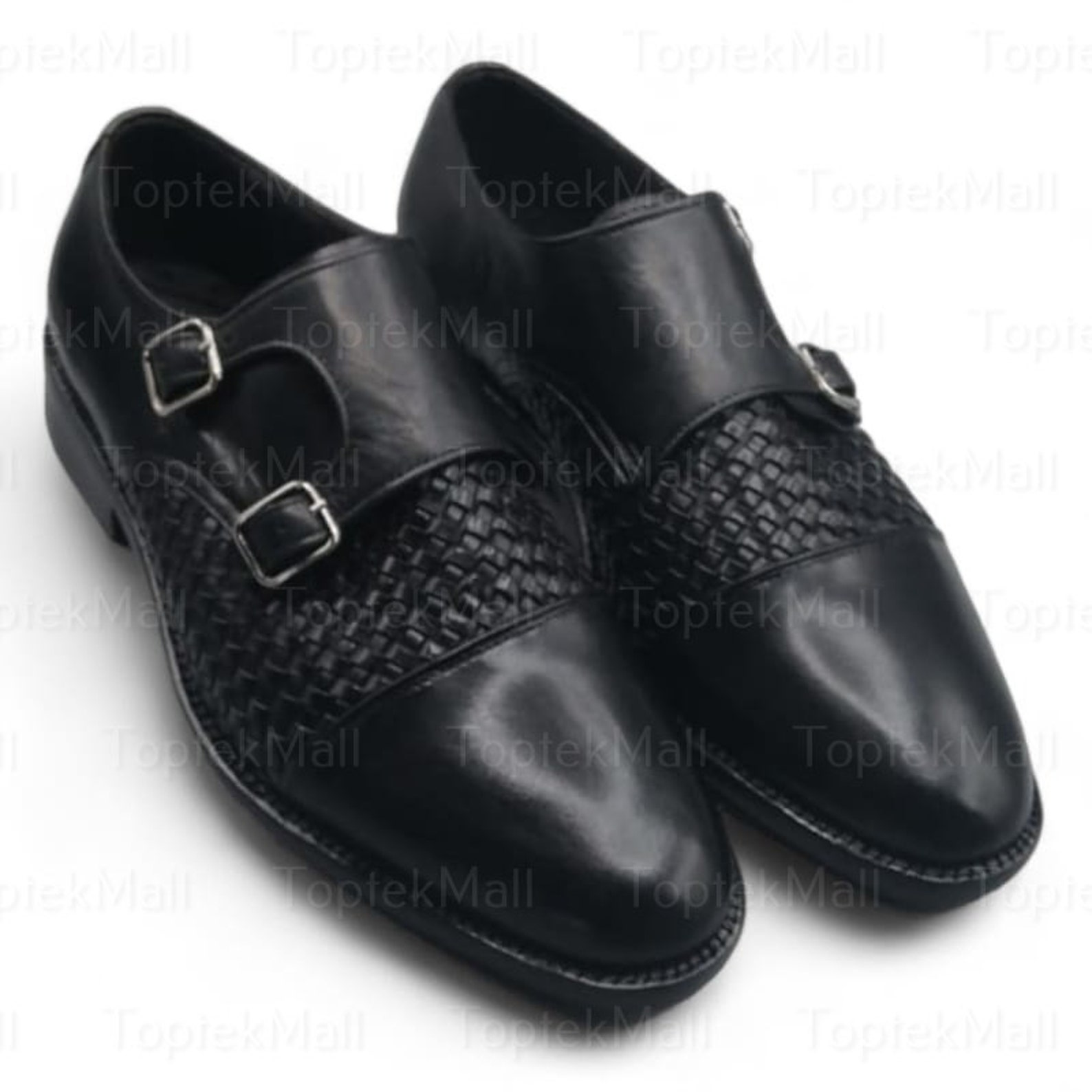 Handmade Men's Leather Black Monk Style Trendy Dress Formal Double ...