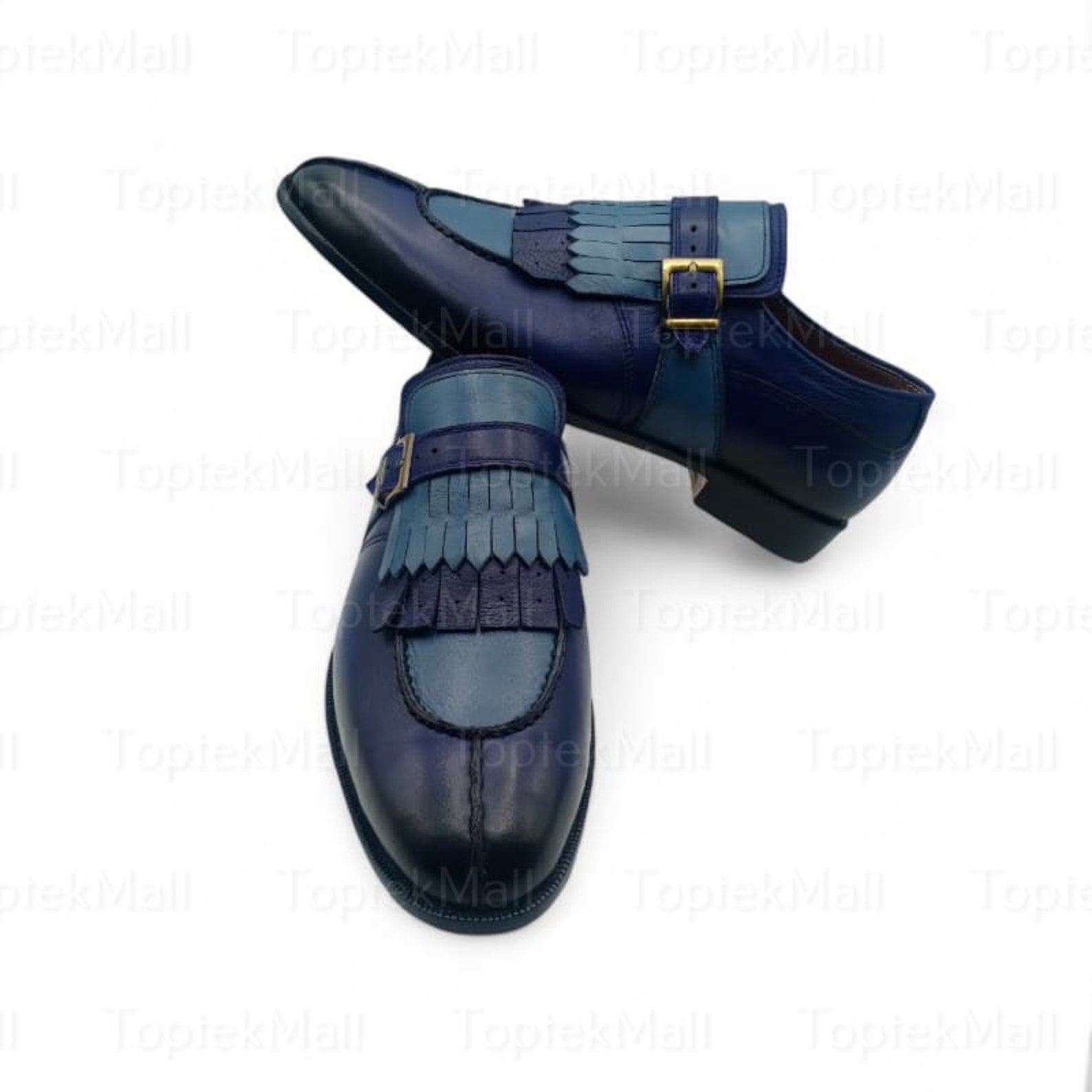Handmade Men's Leather Blue Monk Style Decent Elegant Formal Stylish ...