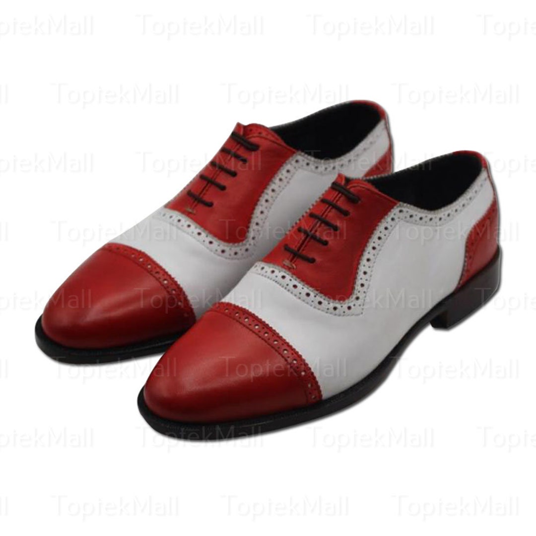 Handmade Men's Leather Red & White Stylish Trendy Dress Formal Two Tone ...