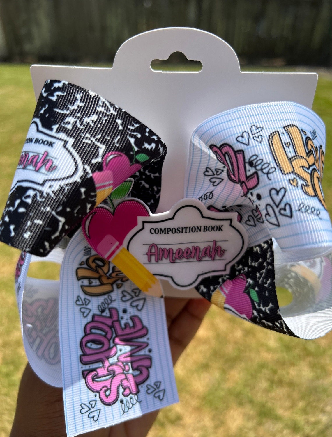 Composition Book Pink Print I Love School Personalized Hair Bow Back to ...