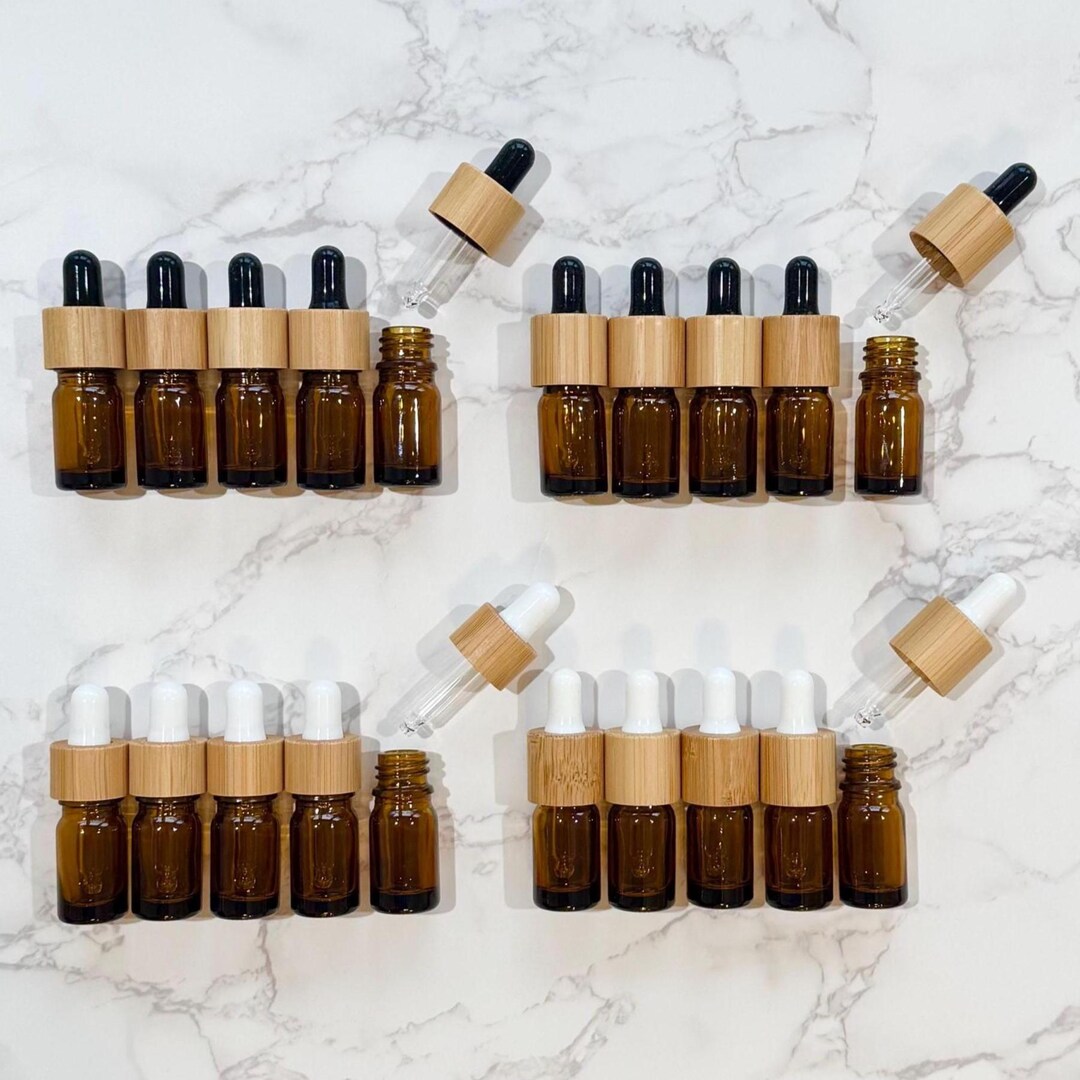 Amber Glass Essential Oil Bottles - 5ml, Bamboo Dropper Caps, Set of 5 ...
