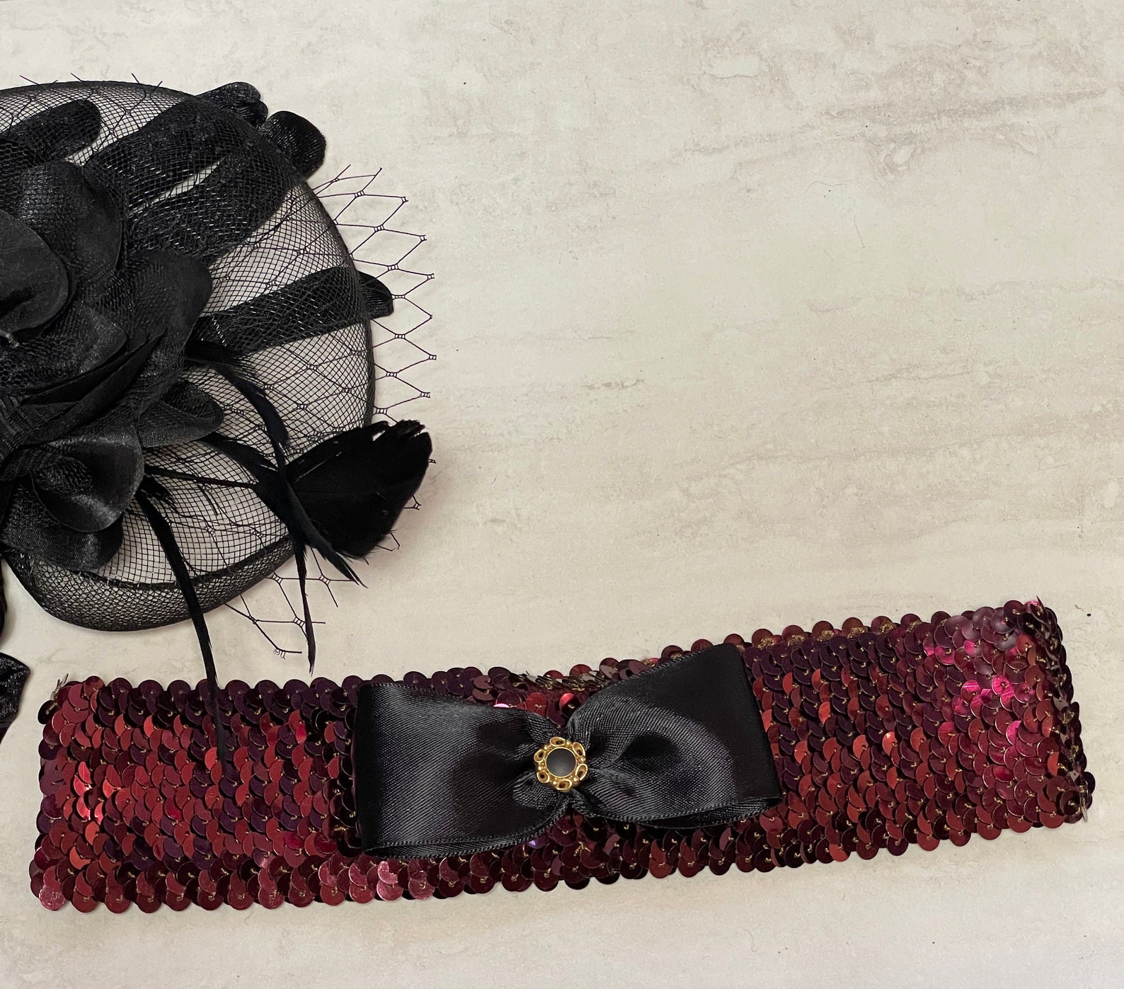 Burlesque Moulin ROUGE Wine Sequin Garter With Black Bow and - Etsy