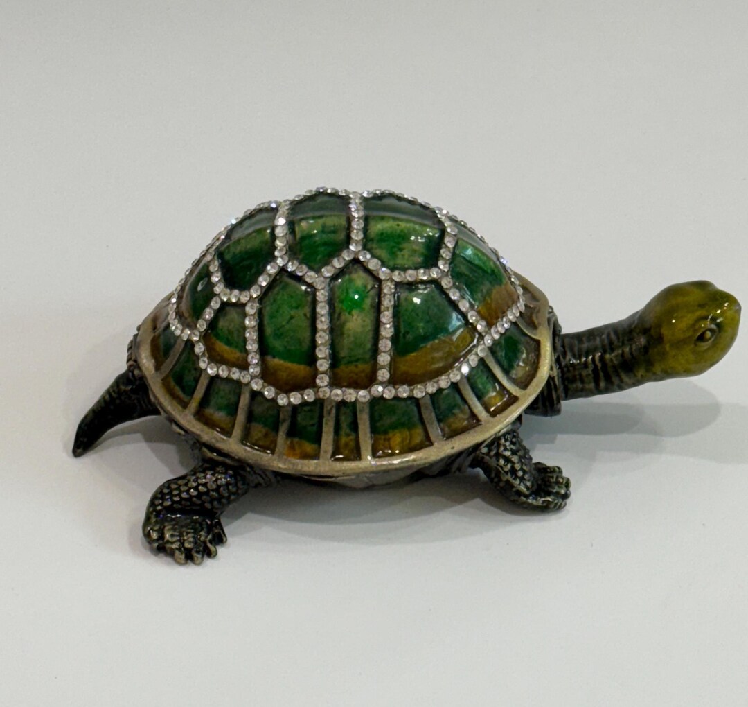 Vintage Turtle Trinket Box, Enamel Glazed Rhinestone Shell Retractable ...