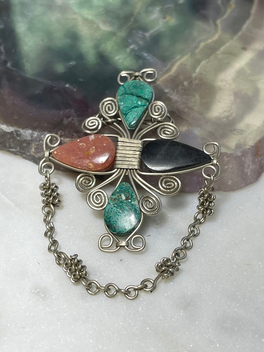 Navajo Mid-century Native American Brooch Genuine Gemstones Rare Estate ...