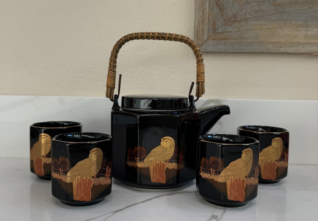 Vintage Japanese Golden Owl Tea Set, Gold Gild Trim, Black Porcelain, 6 ...