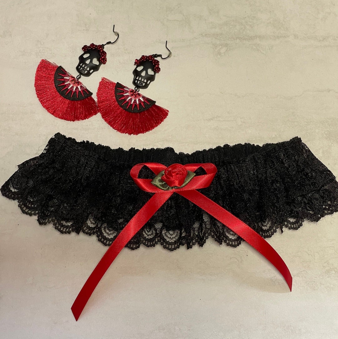 Luxury Black Lace Garter, Red Satin Rose and Red Satin Bow, Lingerie ...