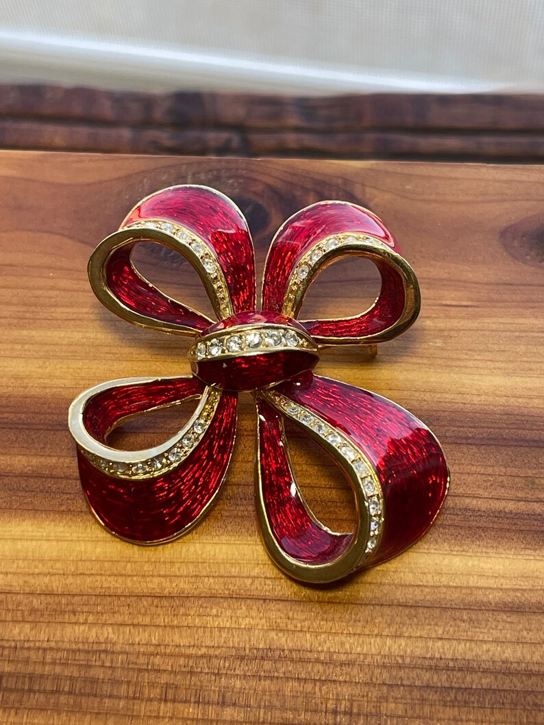 Vintage Roman Red Bow Cloisonne' Brooch, Christmas, Crystal Rhinestones ...
