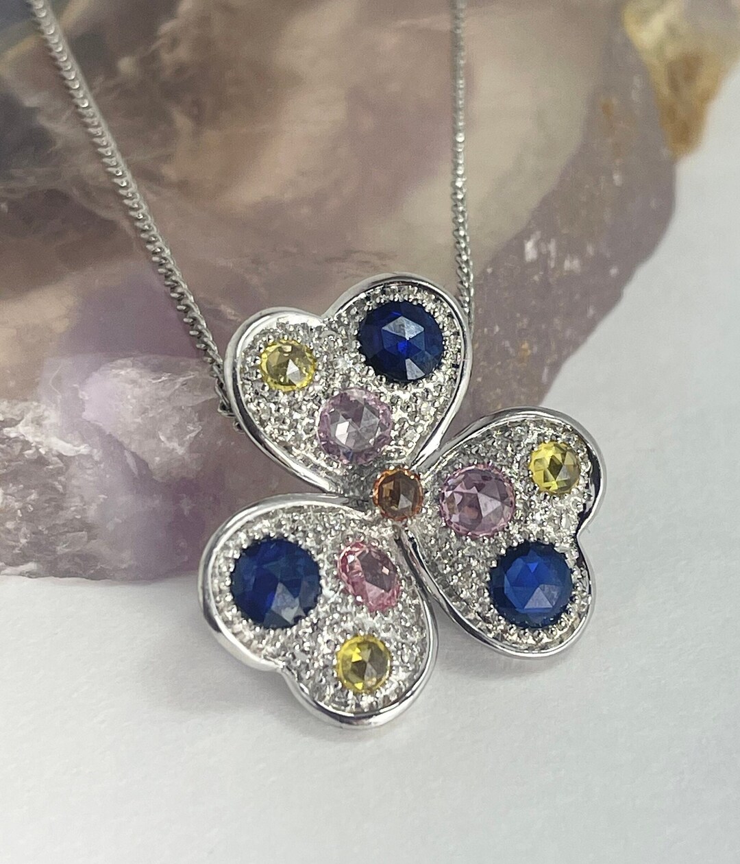 Colorful Lucky Three Leaf Clover Sterling Silver Pendant and Chain ...