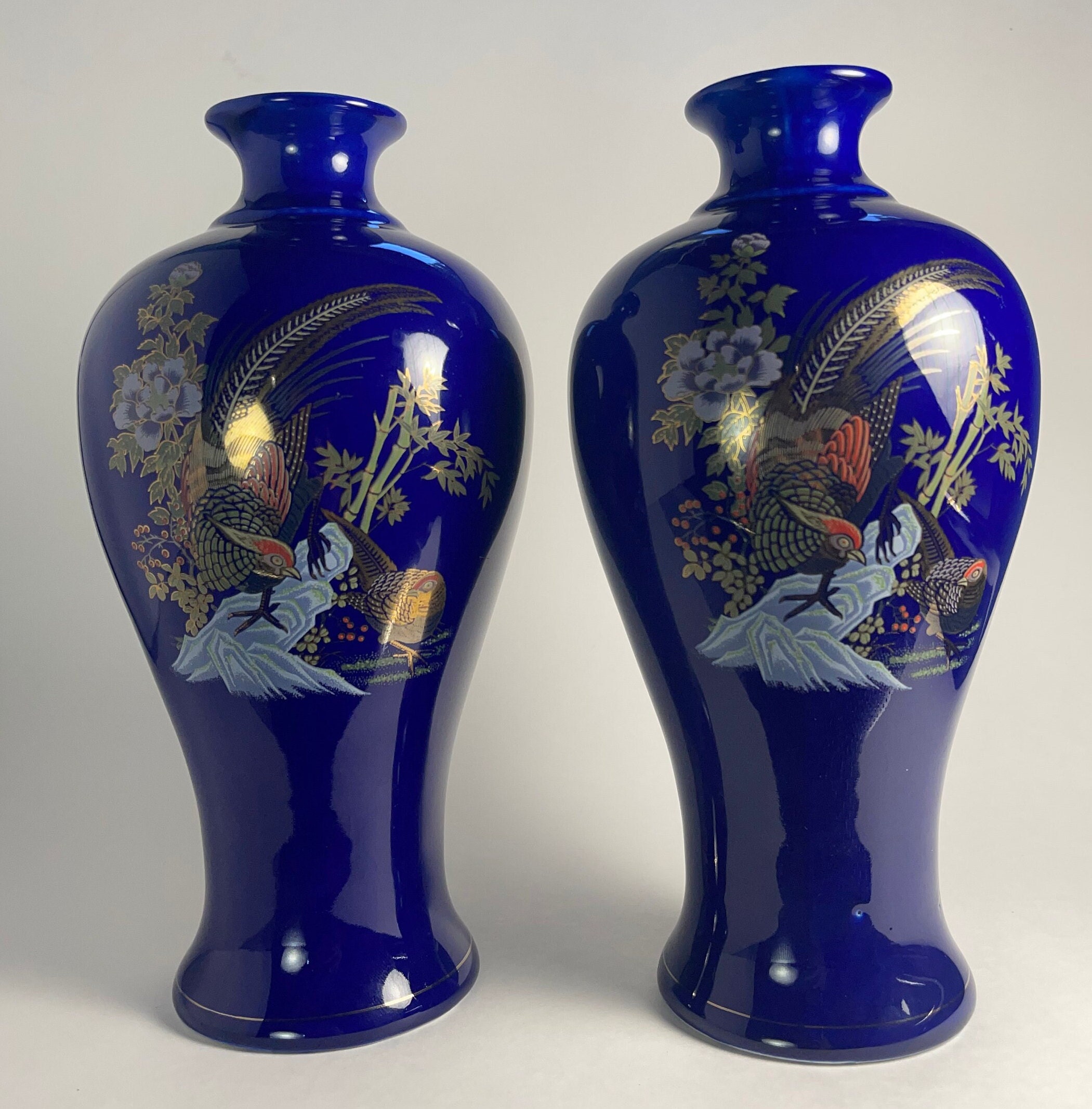 Cobalt BLUE Japanese Peacock Vases Hand Painted Gold Accent, 9.5-inches, Pair of 2, Vintage - Etsy
