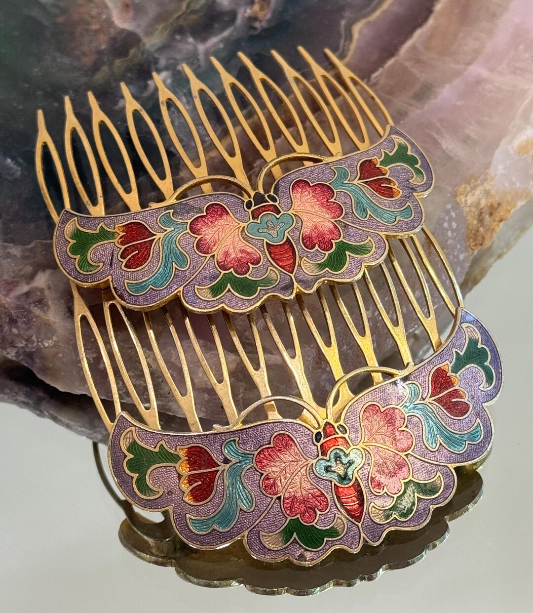 Vintage Cloisonne' Mauve Butterfly Flower Motif Decorative Hair Combs ...