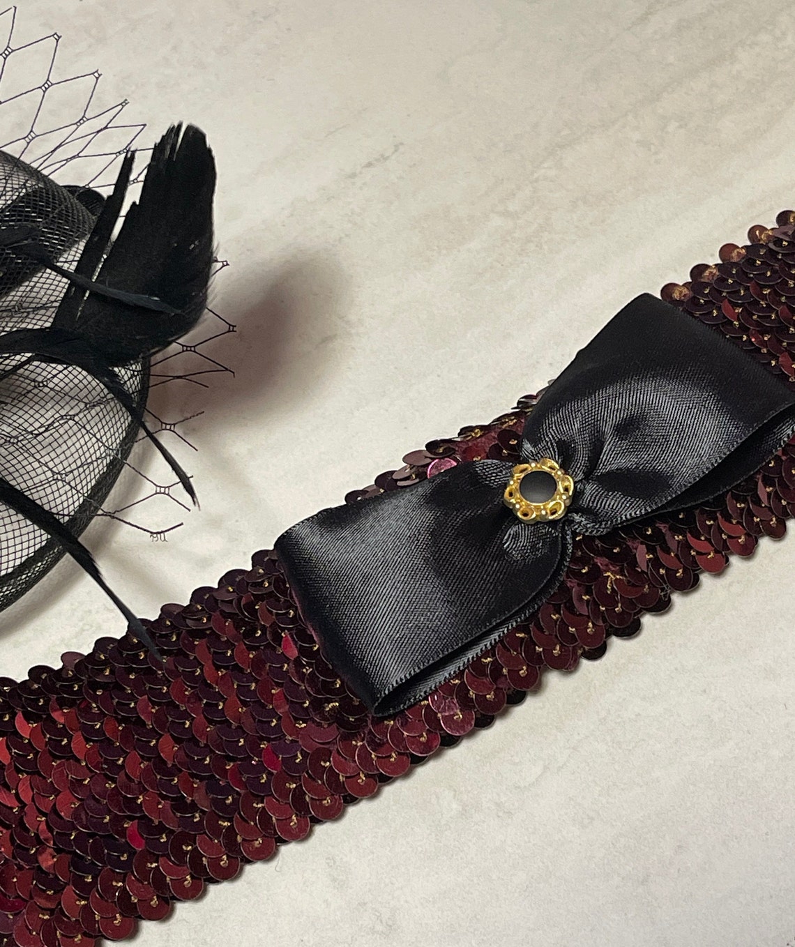 Burlesque Moulin ROUGE Wine Sequin Garter With Black Bow and - Etsy