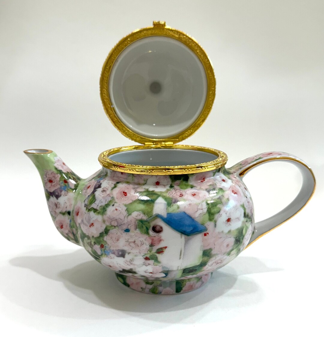 Vintage Birdhouse Teapot Trinket Box: Floral Porcelain Jewelry Box - Etsy