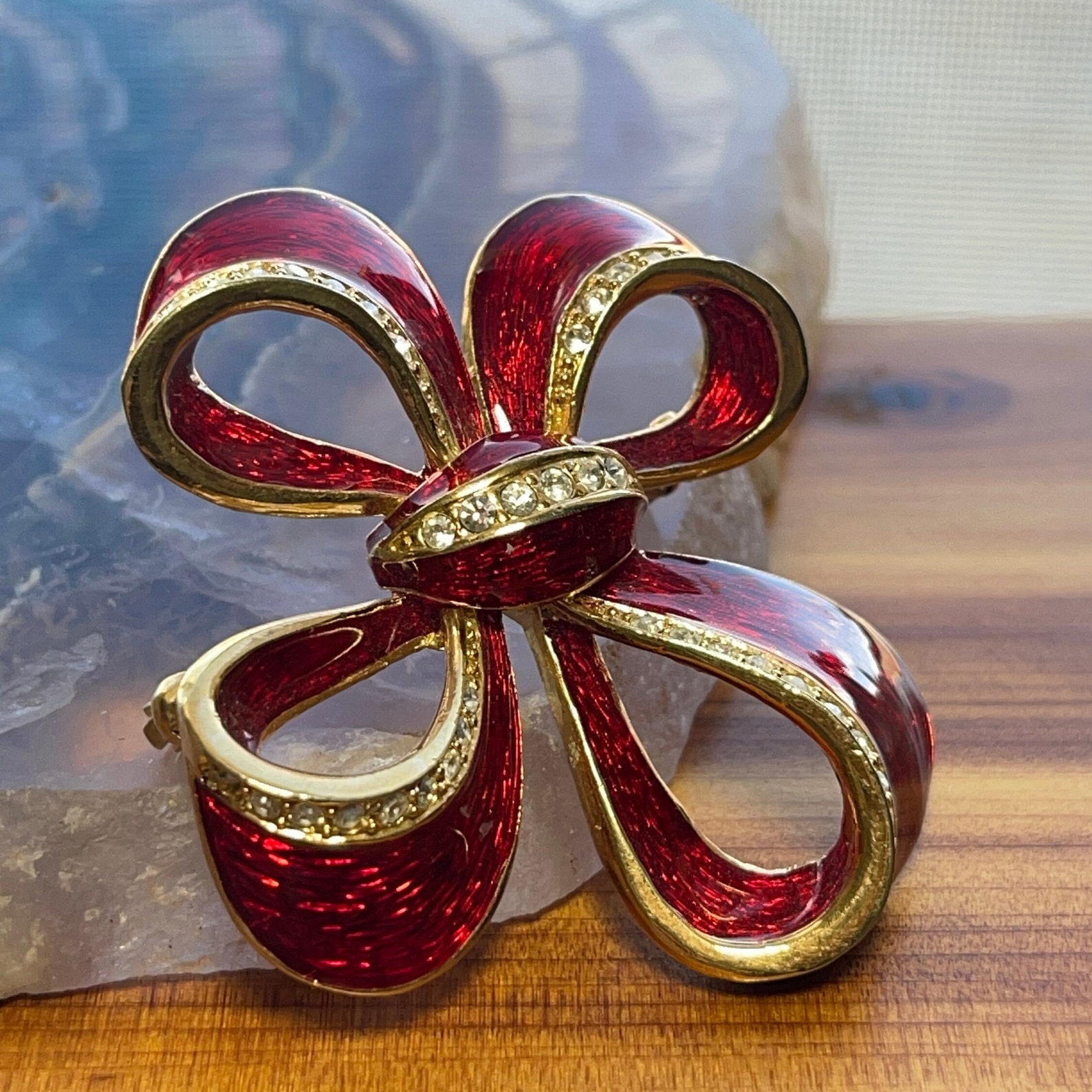 Vintage Roman Red Bow Cloisonne' Brooch, Christmas, Crystal Rhinestones ...