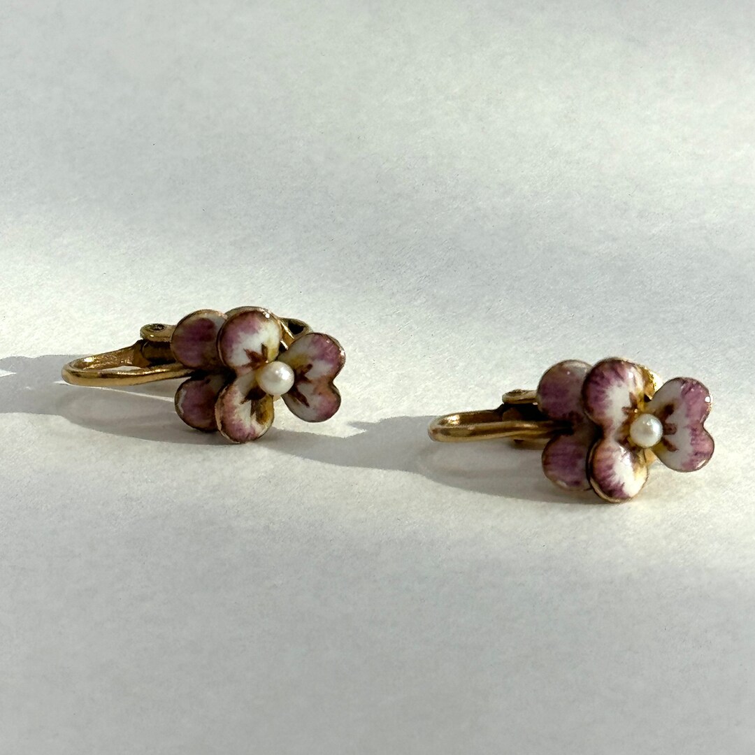 WINARD 12K 1/20 Gold Filled Dainty Lavender Violets Faux Pearls Clip-on ...
