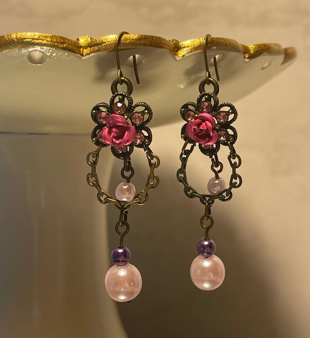 Victorian Dainty Pink Rose Pink Rhinestone Faux Pink and Purple Pearls ...