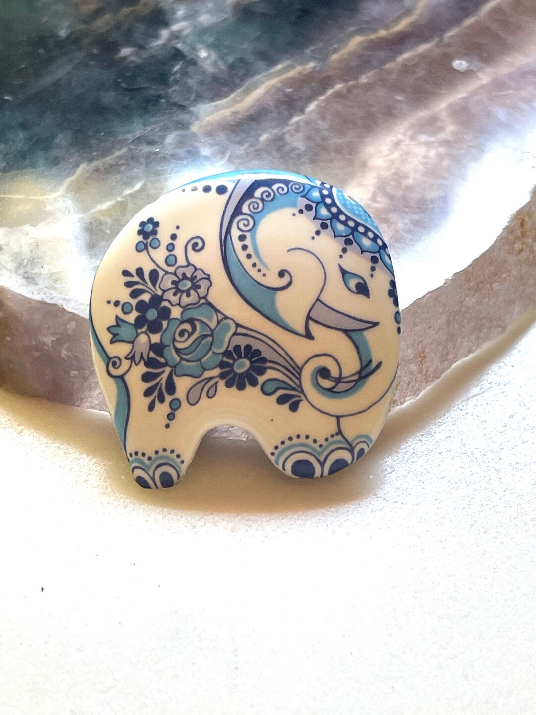 Signed Michaela Frey Enamel Elephant Brooch Shades of Blue Florals Rare ...