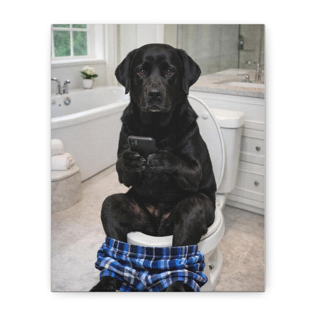 Black Labrador Sitting on Toilet Looking at Phone Canvas | Matte ...