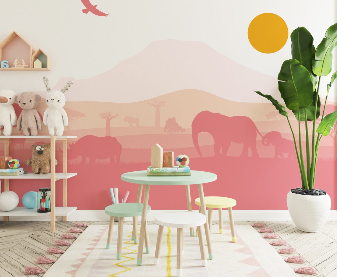 African Safari Themed Removable Wall Mural | Trees With Majestic ...