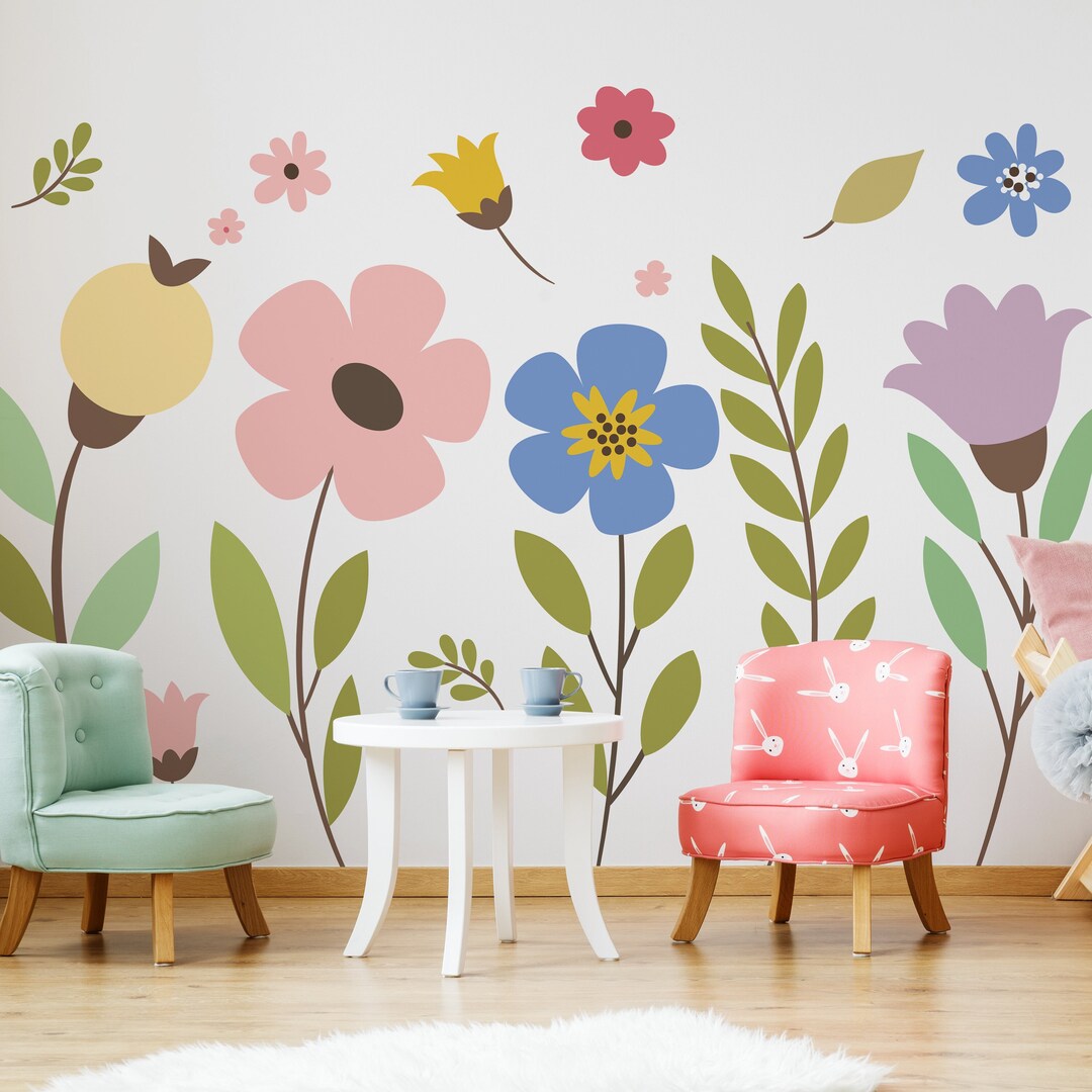 Scandinavian Flowers Wall Decals, Retro Flowers Stickers, Colorful ...