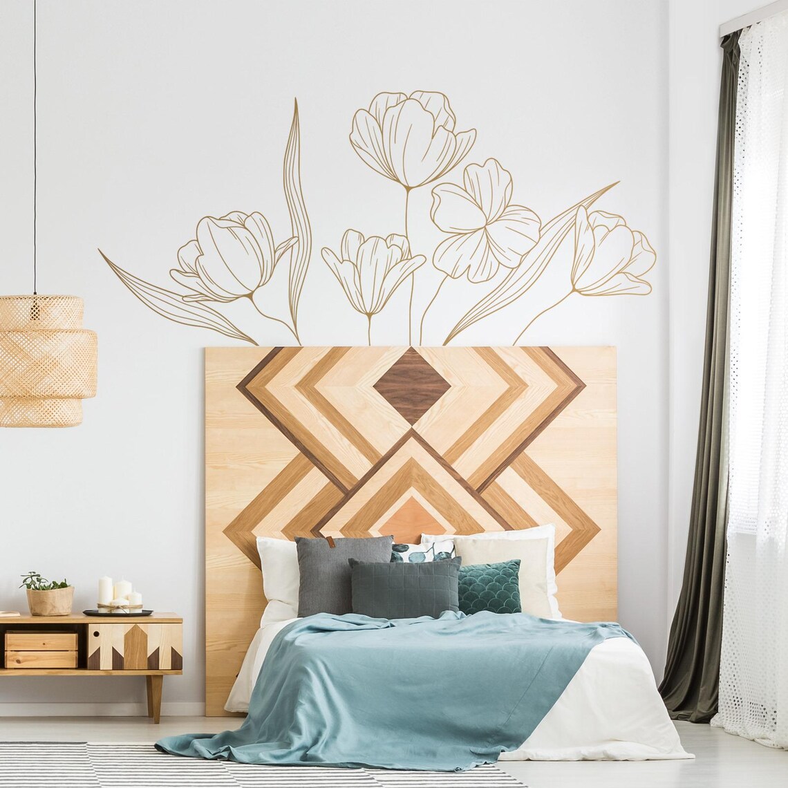 Flower Centerpiece Wall Decals, Floral Line Drawing, Focal Wall Artwork ...