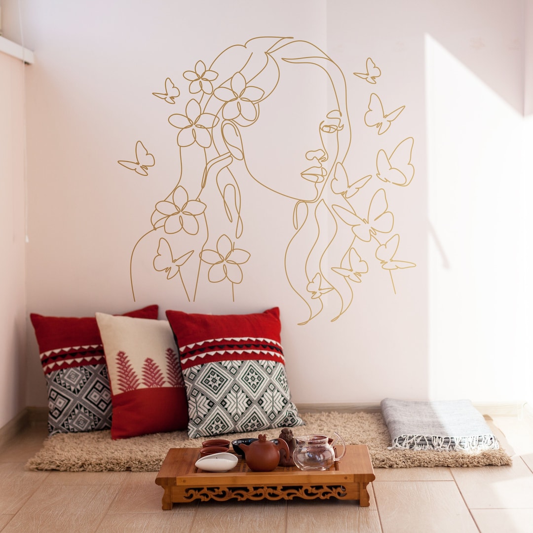 Chic Line Drawing Floral Head With Butterflies Wall Decal, Modern Art ...