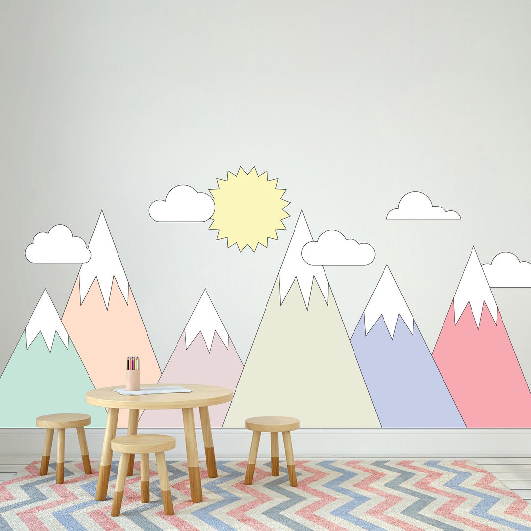 Pastel Mountains Wall Decals | Mountains Nursery Decor | Nursery Decals | Sun & Clouds Wall ...
