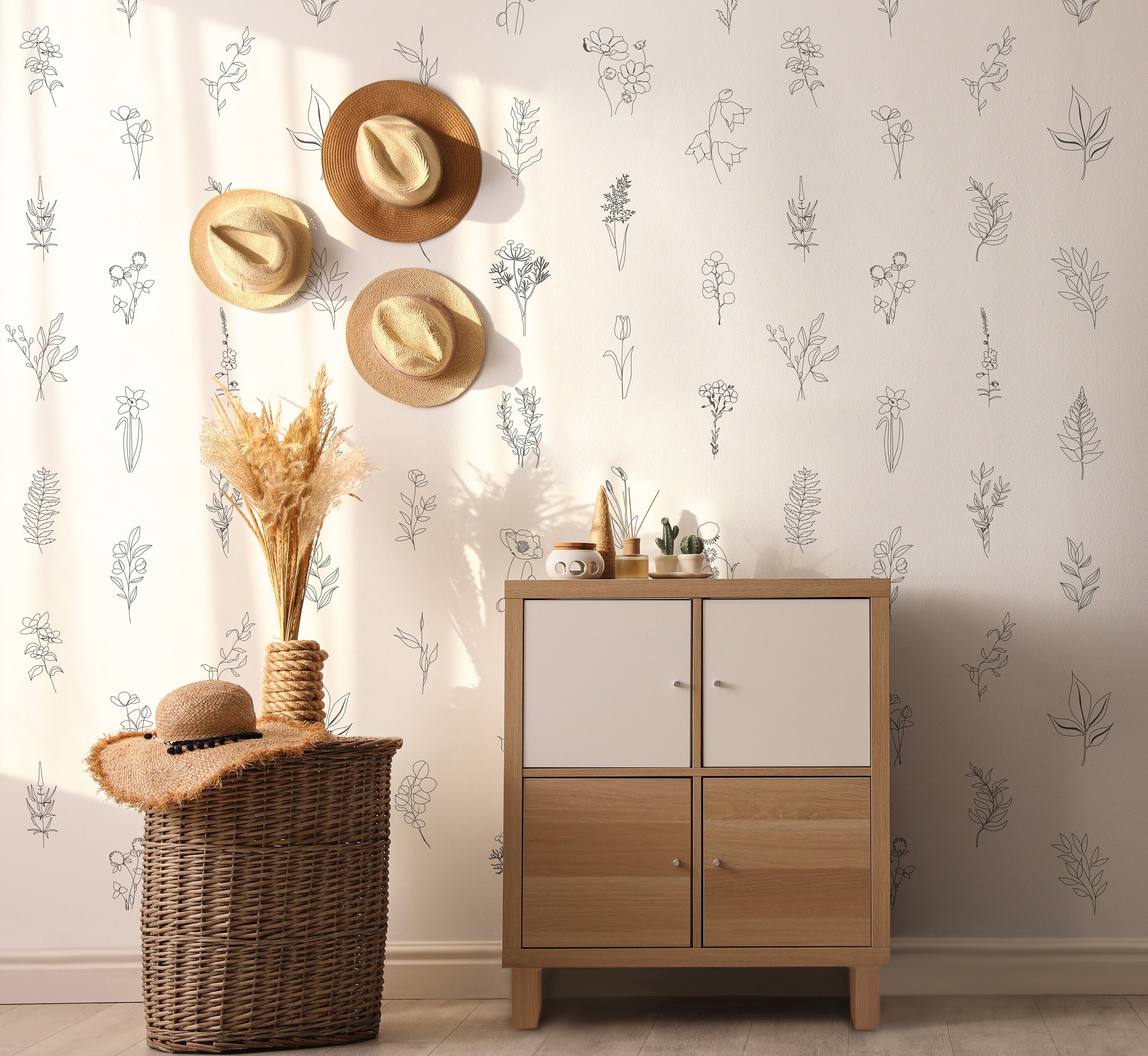 Botanical Line Drawing Wall Decal Flowers Line Drawing - Etsy