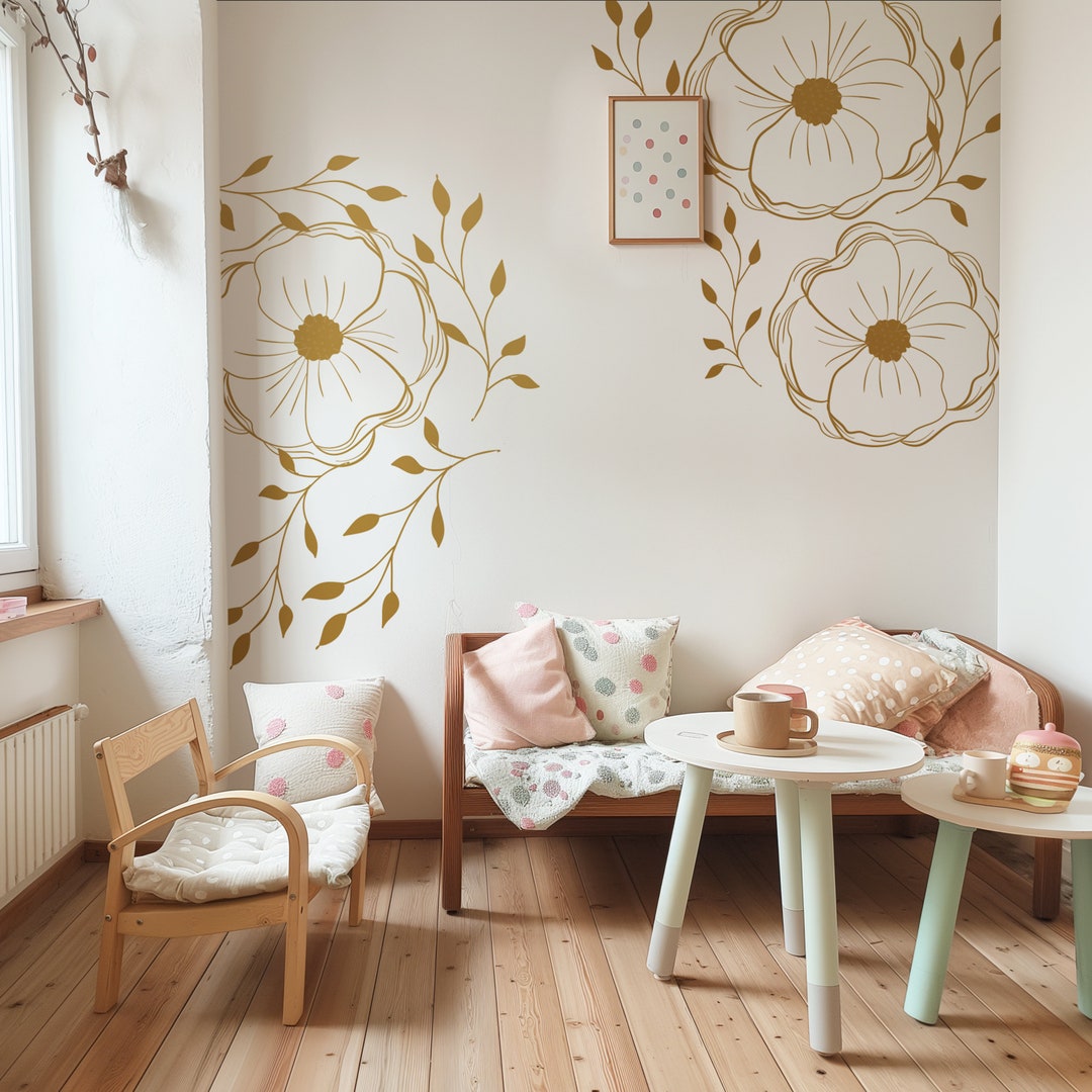 Floral Corner Wall Decals, Line Drawing Set of Two Corner Wall Decals ...