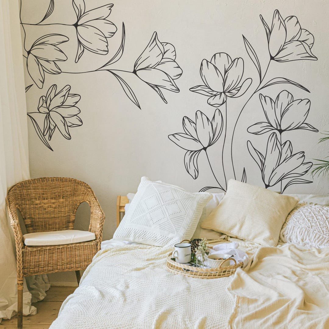 Minimal Line Drawing Flowers Corner Wall Decals, Accent Wall Floral ...