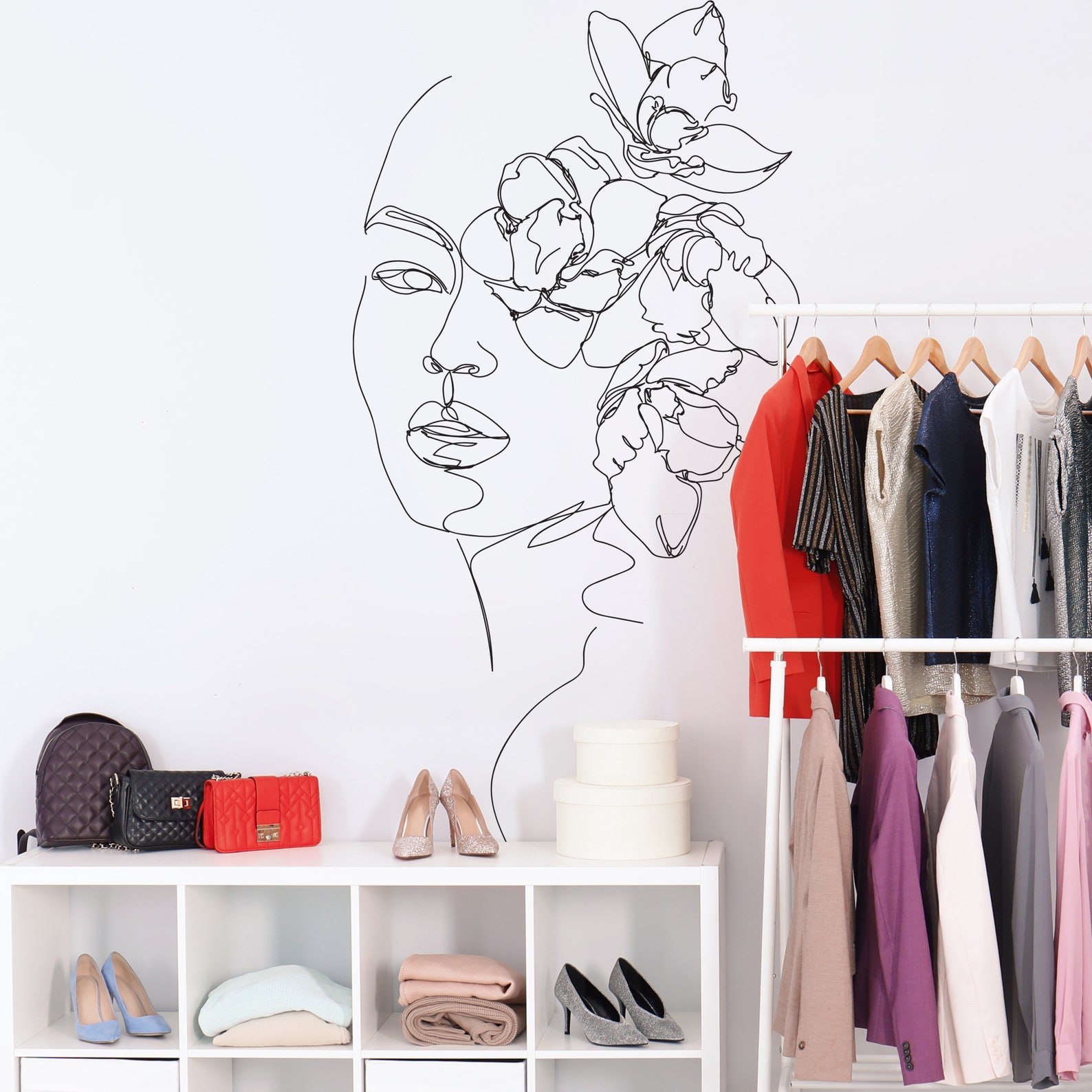 Line Drawing Wall Decal Floral Woman Line Drawing Focal Wall | Etsy