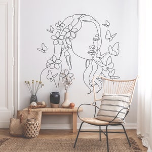 Chic Line Drawing Floral Head With Butterflies Wall Decal, Modern Art ...