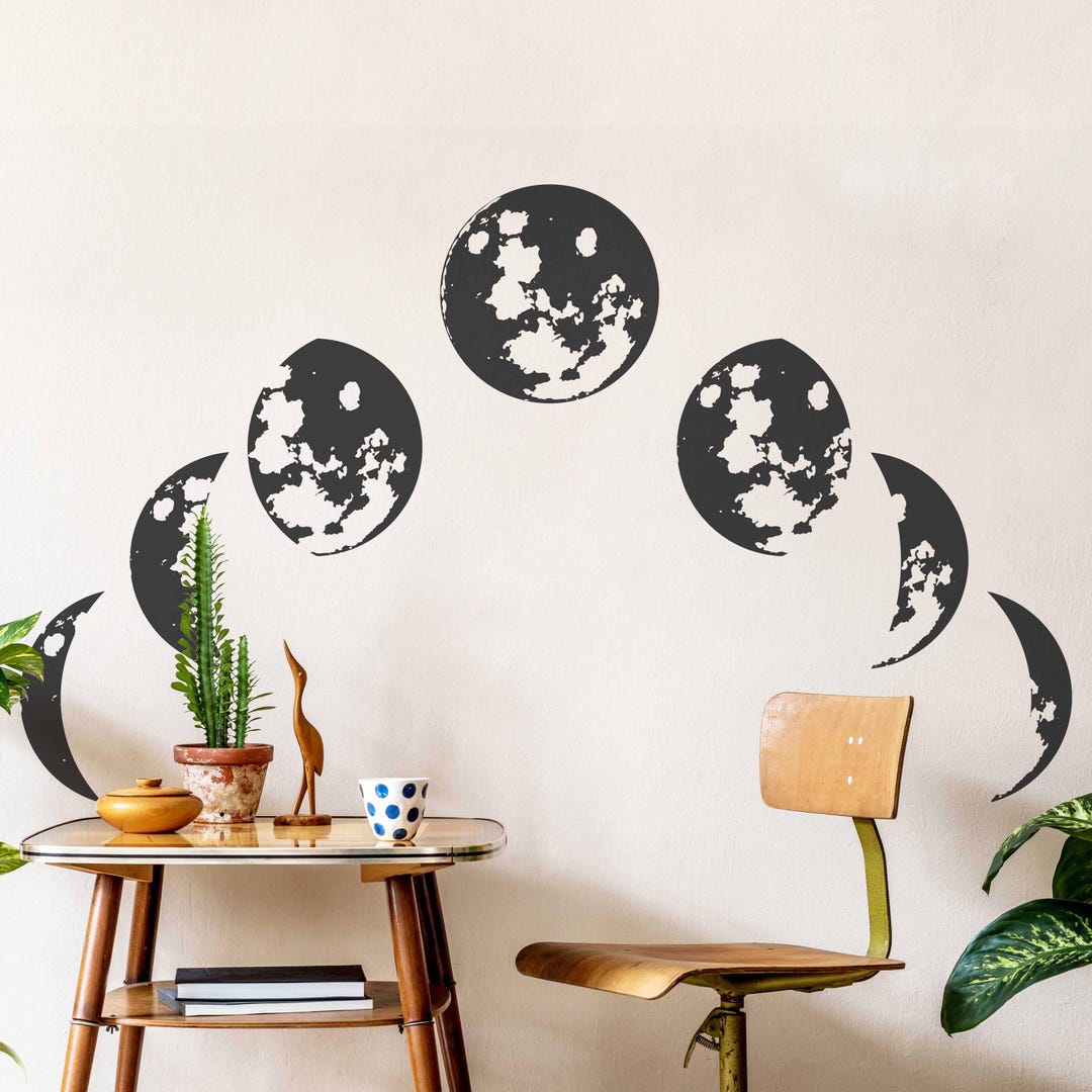 Moon Phase Wall Decal Set, Minimal Lunar Phases Wall Art, 46in Wide ...